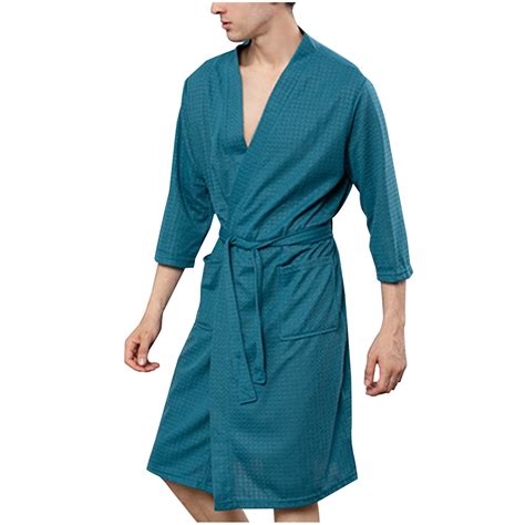 Odeerbi Men Robes Cardigan Bathrobe Thin Bathrobe Long Home Clothes Nightgown Pajamas Navy