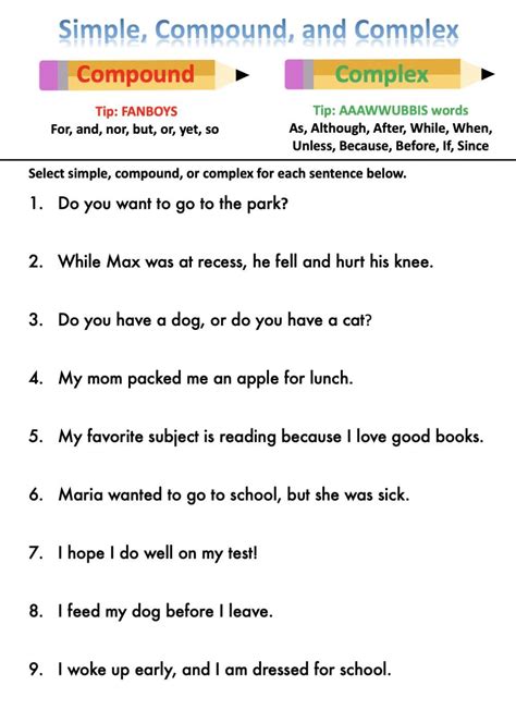 Types Of Sentences Simple Compound Complex Worksheet Grade 6 Free