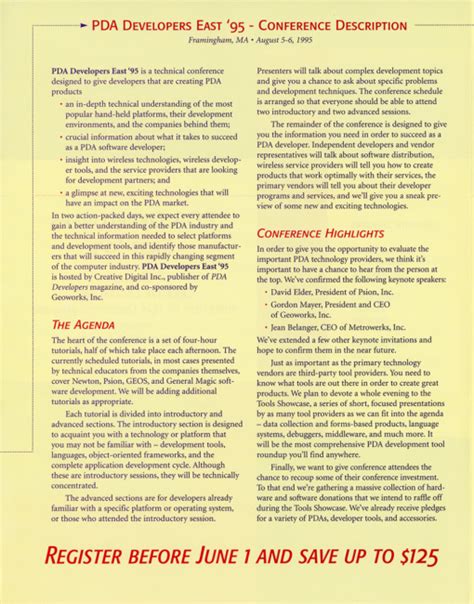 Pda Developers East 95 Conference Details Pamphlet Pen Based Computing History Museum