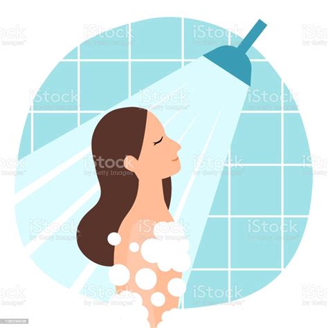 여자 복용 샤워 및 화장실 개념 벡터 그림에 머리를 세척 평평한 디자인의 여성의 일상 활동 귀여운에 대한 스톡 벡터 아트 및