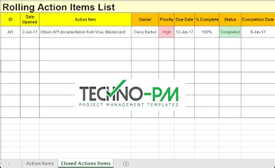 Action Items Template For Excel Project Management Templates Excel Templates Agile Project
