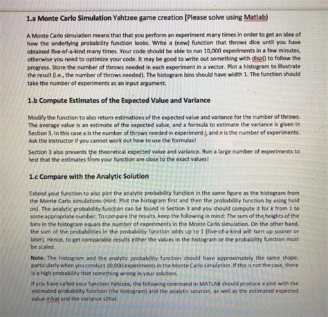 Solved 1a Monte Carlo Simulation Yahtzee Game Creation