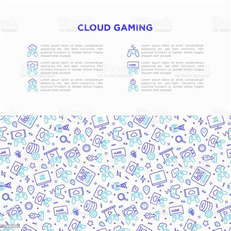 얇은 라인 아이콘과 클라우드 게임 개념 노트북 120 Fps 낮은 대기 시간 게임 플레이 게임 패드 Wifi 라이브 스트리밍 게임 컨트롤러 5g 기술에서 재생합니다 벡터