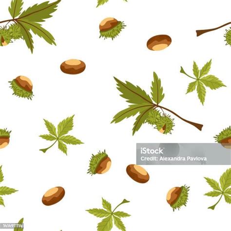 밤나무 이음새가 없는 패턴 밤나무 잎 과일 씨앗 가을 말 밤나무 배경 직물 섬유 포장지 벽지를위한 질감에 적합합니다 벡터 가리기에 대한 스톡 벡터 아트 및 기타 이미지