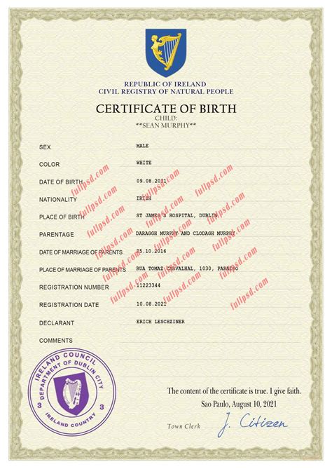 Download Ireland Birth Certificate Psd Template Fully Editable Fullpsd