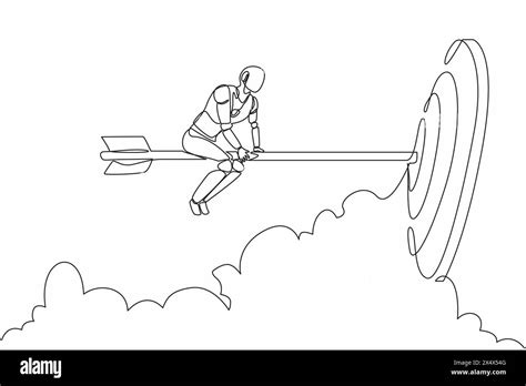 Single One Line Drawing Robots Riding Big Arrow With Exact Target Future Technology Development
