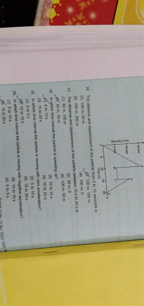 the distance and displacement of the particle from 0 to 15 seconds is