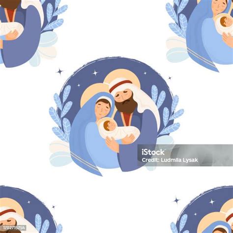 크리스마스 원활한 패턴입니다 거룩한 가족 예수 그리스도의 탄생 성모 마리아 요셉 그리고 하얀 바탕에 신성한 아기 휴일 디자인 벽지 장식 인쇄 포장을 위한 벡터 그림 성탄화에