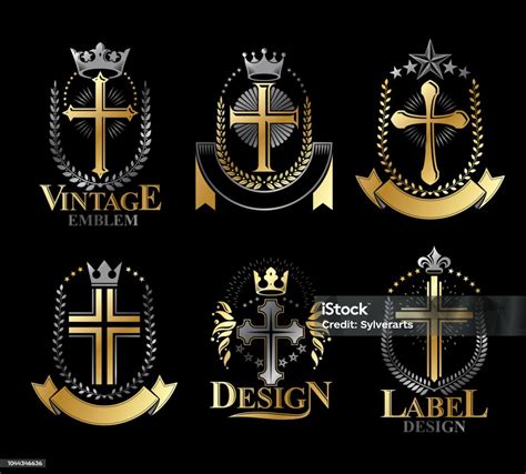 기독교 십자가 엠 블 럼 세트 전 령 벡터 디자인 요소 컬렉션입니다 레트로 스타일 레이블 문장 학입니다 교회에 대한 스톡 벡터 아트 및 기타 이미지 Istock