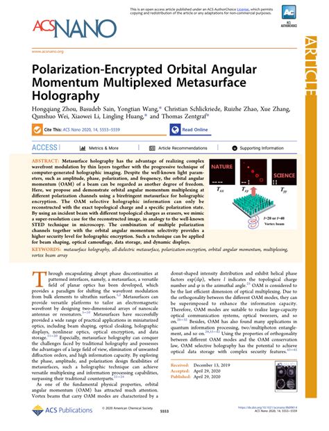 Pdf Polarization Encrypted Orbital Angular Momentum Multiplexed