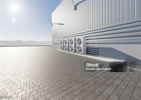 공장 공장 외부의 응축기 장치 또는 압축기의 3d 렌더링 Ac 에어컨 난방 환기 또는 Hvac 에어컨 시스템 장치 열과 냉각을