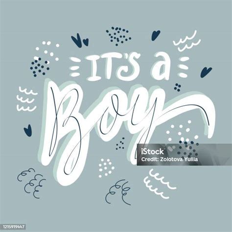 그 소년 글씨 로고 손으로 그려진 그림 파란색 배경에 흰색 서예 성별 공개 파티 벡터 인사말 카드입니다 귀여운 아기 엽서 베이비