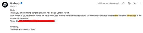 Incorrect Email Response For Denied Dsa Catalog Item Reports Roblox Application And Website