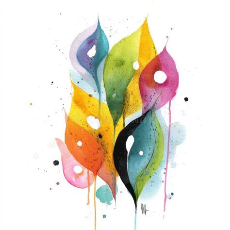 Vibrant Abstract Watercolor With Colorful Leaf Like Shapes And Dynamic Splashes Stock Image