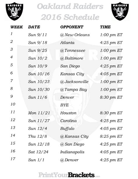 Raiders Schedule Printable