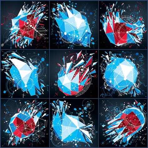 기술 3d 벡터 드로잉 세트에는 낮은 폴리 철거된 기하학적 개체 및 와이어프레임 Bauhaus 요소로 보완된 기술 배경 화면이 있습니다 광고 포스터 또는 배너 디자인으로