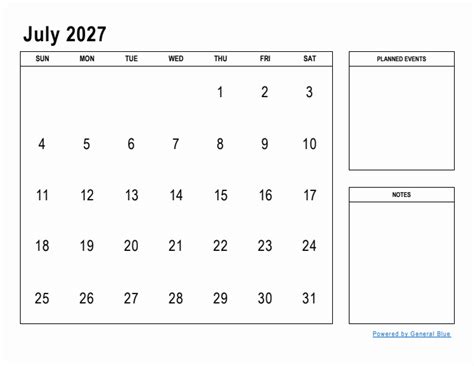 July 2027 Monthly Calendar Pdf Word Excel