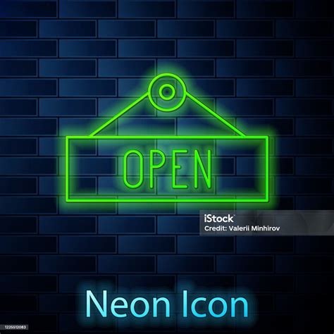 빛나는 네온 선 텍스트와 행잉 기호 벽돌 벽 배경에 격리 문 아이콘을 엽니 다 벡터 일러스트레이션 단일 객체에 대한 스톡 벡터 아트 및 기타 이미지 Istock