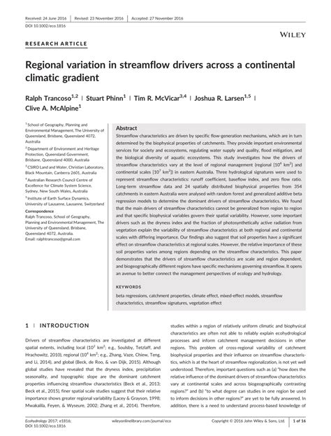 Pdf Regional Variation In Streamflow Drivers Across A Continental Climatic Gradient