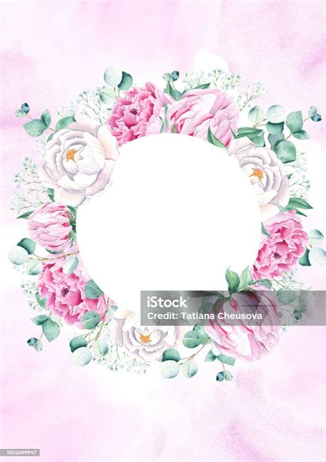 꽃 배경 카드입니다 원형 화환 흰색과 분홍색 모란 유칼립투스 석고 보라색 수채화 물감이 있는 청첩장 템플릿입니다 날짜 인사말 카드 및 표지 디자인을 저장합니다 그리기에 대한