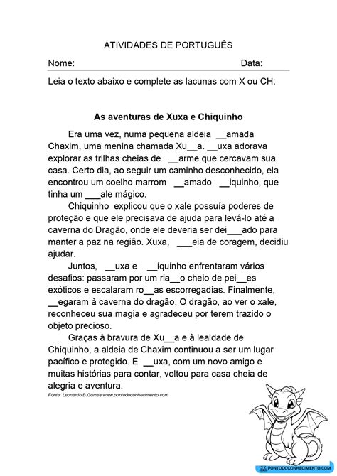 Atividades de completar as lacunas com X ou CH - Ponto do Conhecimento