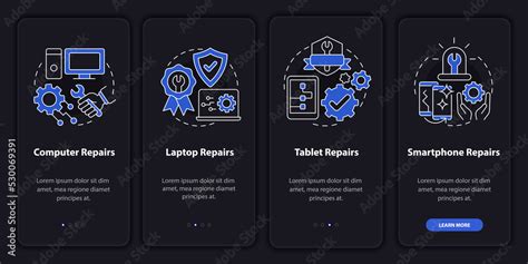 Types Of Services Night Mode Onboarding Mobile App Screen Walkthrough Steps Graphic