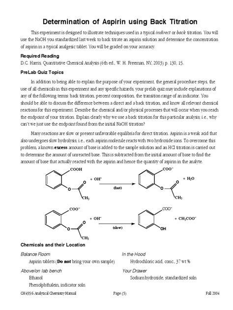 Determination Of Aspirin Using Back Titration Pdf Titration Chemistry