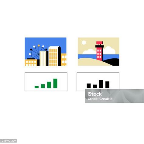 도시 풍경과 등대 비교 도시와 해안 개발을 상징하는 평면 벡터 일러스트 레이 션 흰색 배경에 고립 0명에 대한 스톡 벡터 아트