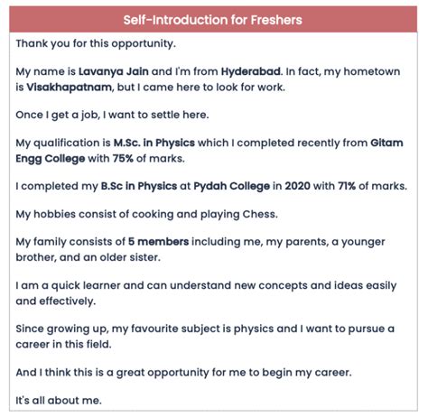 Self Introduction Samples For Job Interview For Freshers Examples
