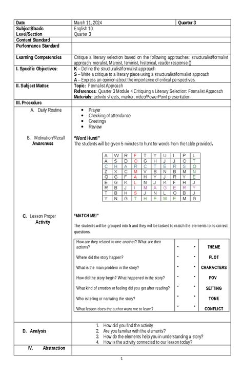 10 Formalist Approach Date March 11 2024 Quarter 3 Subject Grade