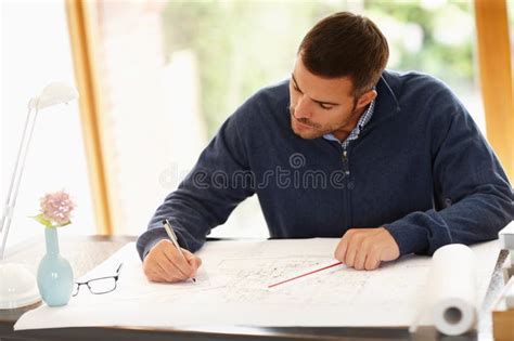 Man Drawing And Architect With Pen For Design In Office Documents And Planning On Blueprint