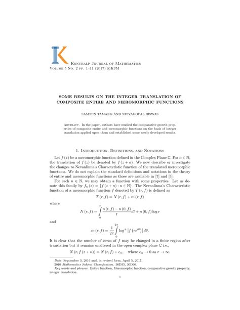 Pdf Some Results On The Integer Translation Of Composite Entire And Meromorphic Functions