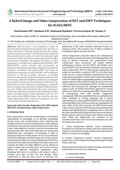 Irjet A Hybrid Image And Video Compression Of Dct And Dwt Techniques For H265hevc Pdf