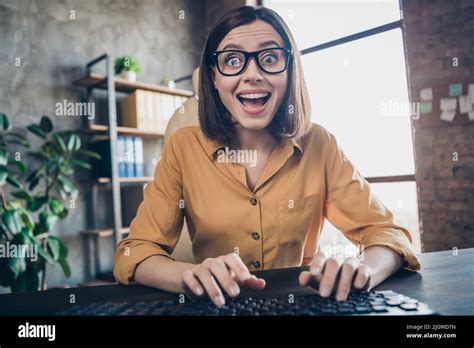 Portrait Of Funny Crazy Lady Sitting Chair Keyboard Writing Coworking