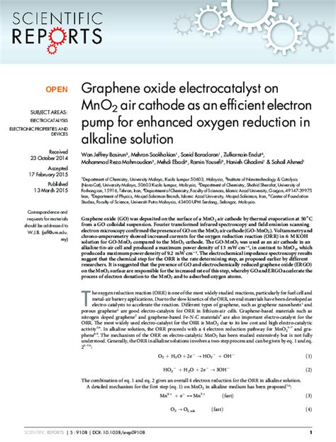 Pdf Graphene Oxide Electrocatalyst On Mno2 Air Cathode As An Efficient Electron Pump For