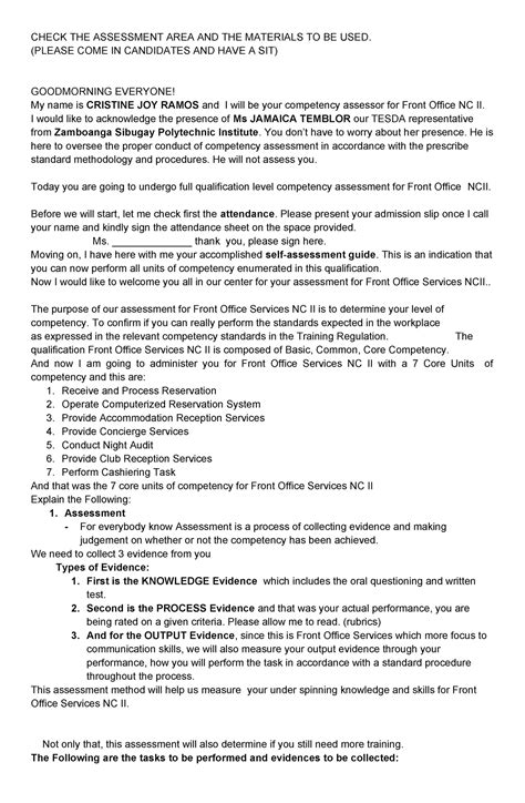 Assessor Script For Fo Ncii Check The Assessment Area And The