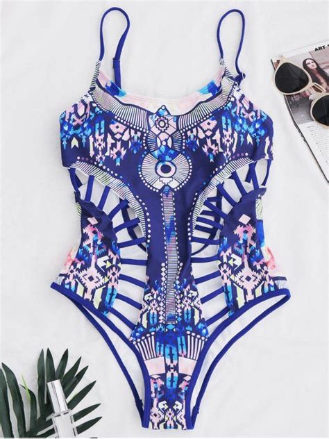 Print Strappy Cut Out One Piece Swimwear Blue Strappy Back Stretch