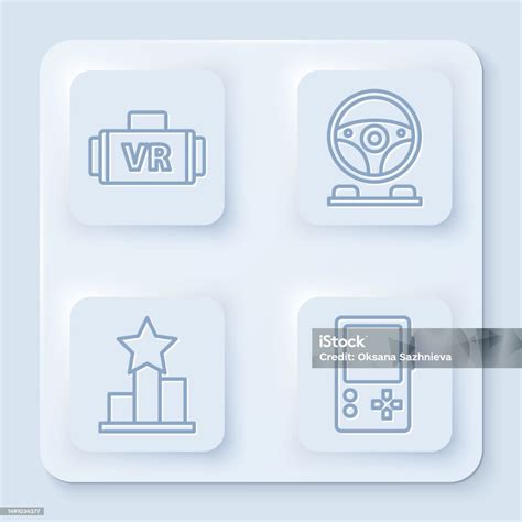 세트 라인 가상 현실 안경 레이싱 시뮬레이터 조종석 스타 및 휴대용 비디오 게임 콘솔 흰색 사각형 버튼입니다 벡터 스포츠 레이스에 대한 스톡 벡터 아트 및 기타 이미지