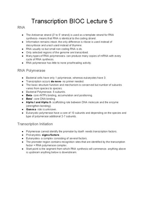 Transcription Bioc Lecture 5 Information Remains Intact The Only Difference Is Ribose Is Used