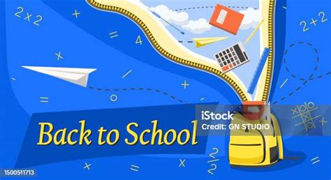 학습용 액세서리가 있는 학생 배낭 학교 문구류와 용품이 들어있는 가방을 열었습니다 학교 화려한 포스터로 돌아갑니다 학생 배낭이 교육 물건으로 폭발합니다 벡터 그림 9월에