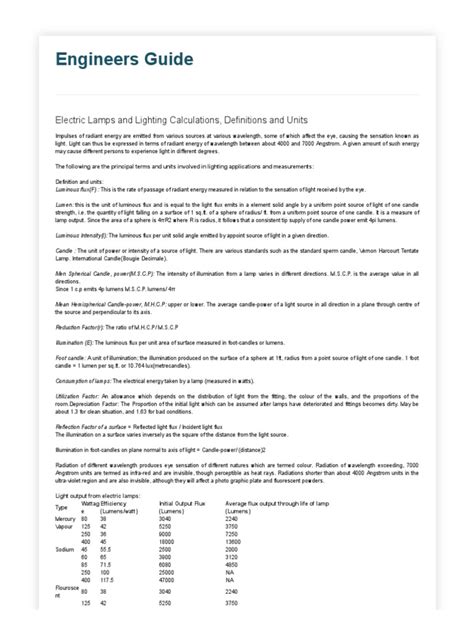 Engineers Guide Electric Lamps And Lighting Calculations Definitions And Units Pdf