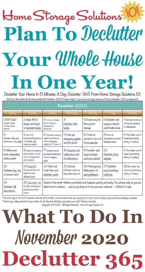 November Declutter 365 Calendar 15 Minute Daily Missions For Month Declutter Your Home