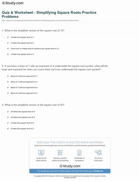 Square Root Practice Worksheet Awesome Quiz And Worksheet Simplifying