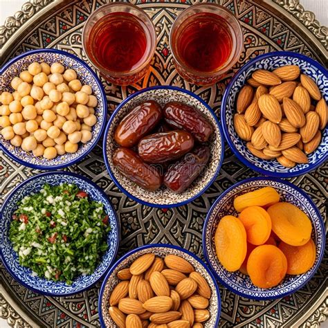 Traditional Middle Eastern Snacks And Drinks On A Decorative Tray Stock