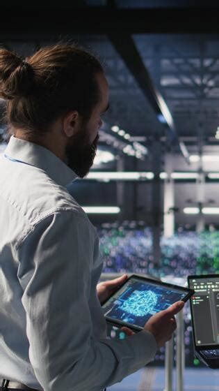 Vertical Data Center System Administrators Performing Maintenance On Supercomputers Used For Ai