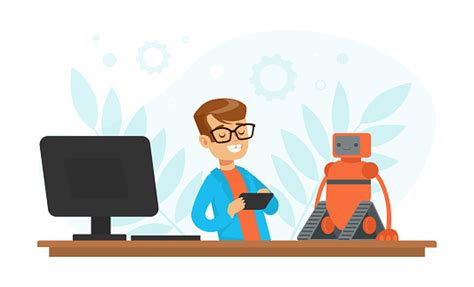 쾌활한 소년 프로그래밍 스마트 로봇 수업 전자 교육 하이테크 엔지니어링 만화 스타일 벡터 일러스트 로봇에 대한 스톡 벡터 아트