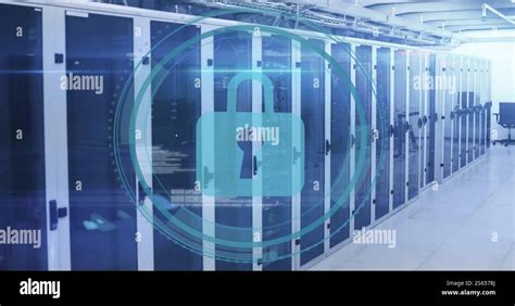 Image Of Cyber Security Text Scanner With Padlock Icon And Data Processing Over Server Room