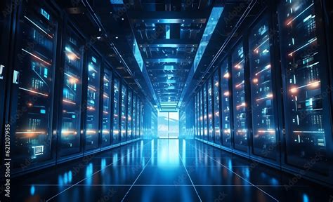 Rack Housing Server Data Storage Hardware Binary Code Tunnel Background Futuristic Blue Server