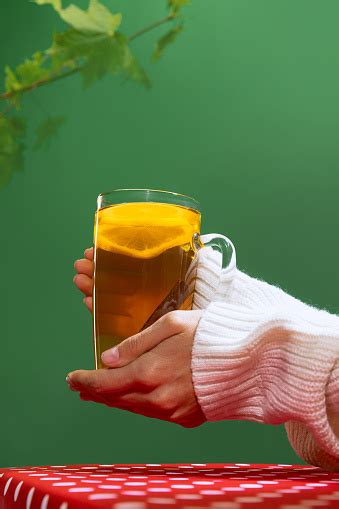 녹색 배경 위에 고립 된 레몬 생강 박하 및 계피 스틱을 곁들인 맛있는 향기로운 감귤류 차 한 잔 0명에 대한 스톡 사진 및