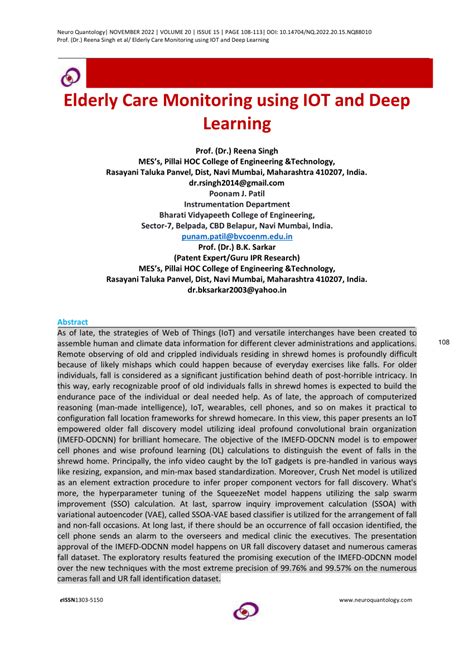 Pdf Elderly Care Monitoring Using Iot And Deep Learning